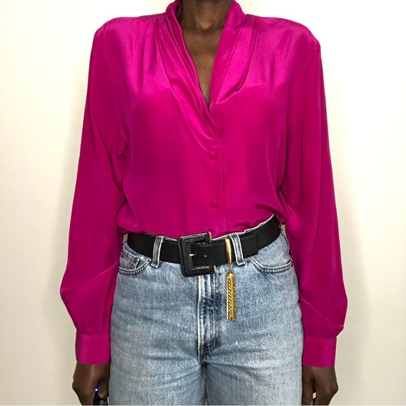 Vintage | Tops | Vintage 99s Fuschia Hot Pink Draped Neck Pure Silk Blouse | Poshmark